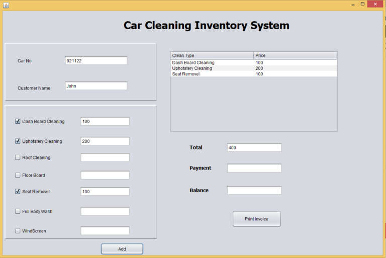 Car Cleaning Inventory System in Java - Tutusfunny