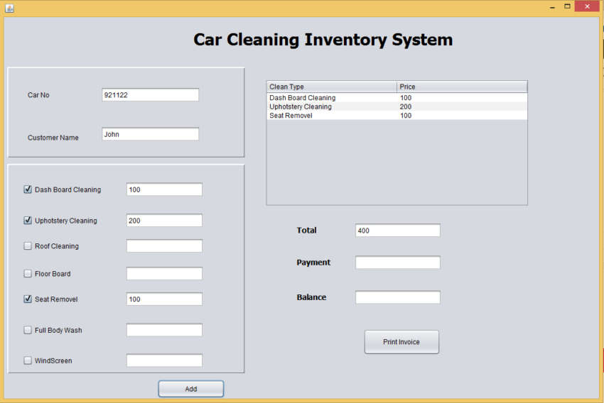 Car Cleaning Inventory System in Java - Tutusfunny