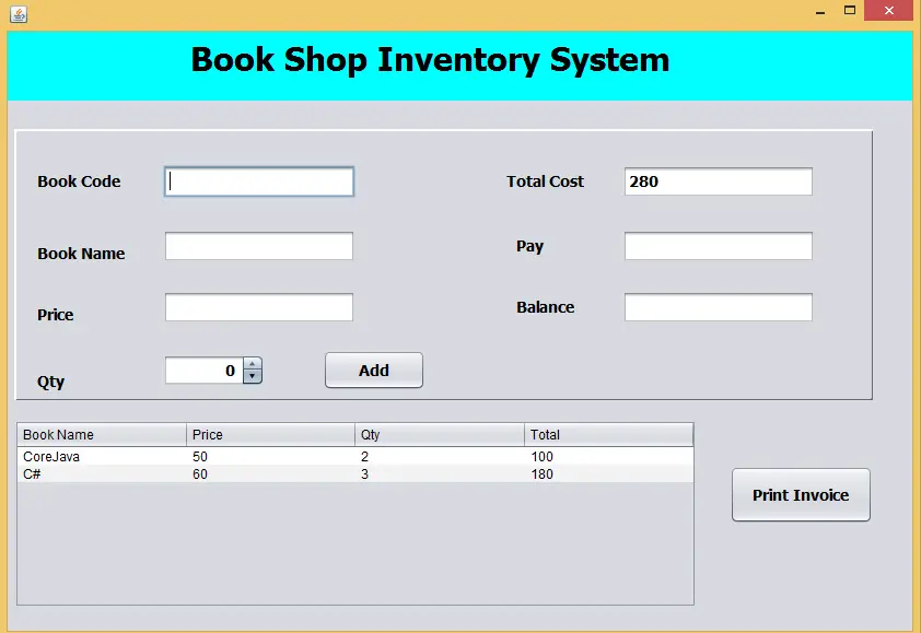 Book Shop Inventory Management System with Print Recipt | Java Projects