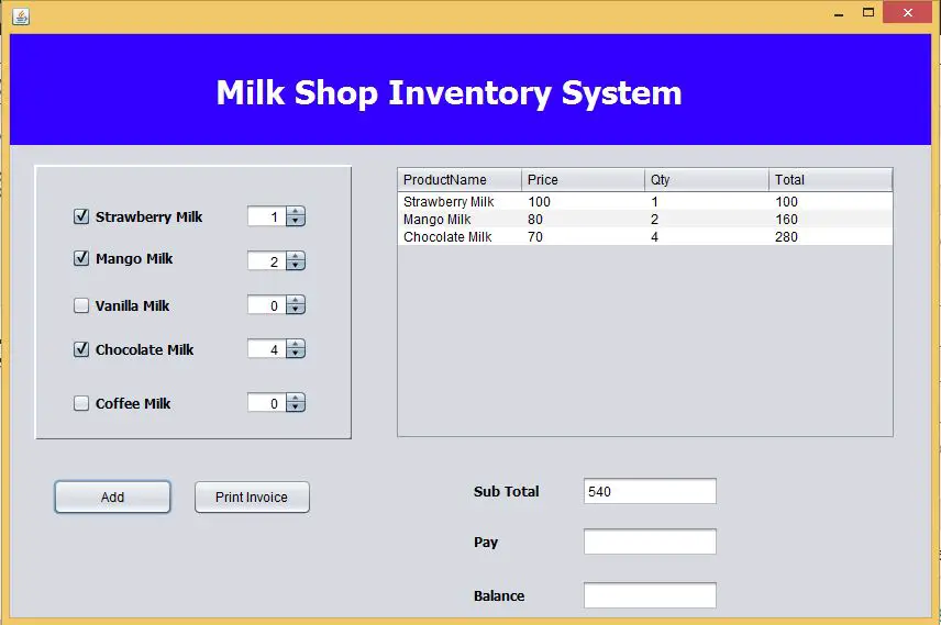 Milk shop Inventory Java Print Receipt - Tutusfunny
